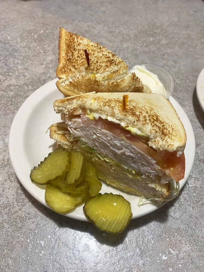 This isn't just a turkey club; it's architectural genius between bread slices. The pickle garnish isn't decoration – it's essential balance!