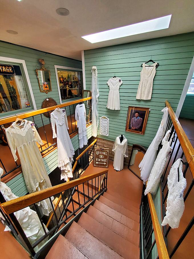 A stairway to heaven? No, just the bridal section, where vintage wedding dresses await their second chance at "I do."