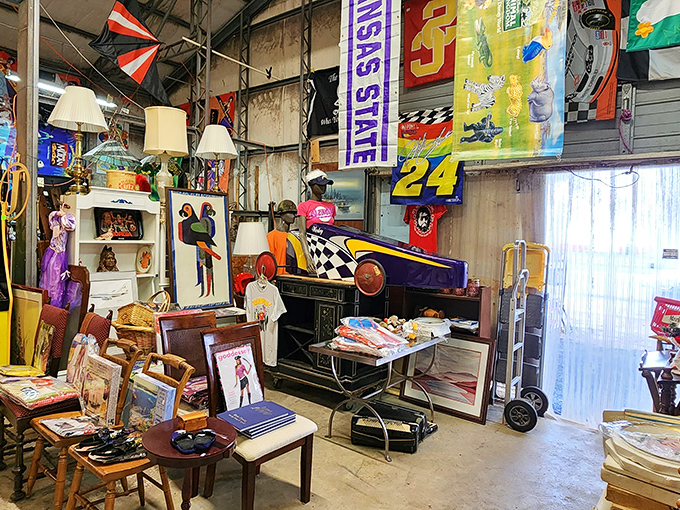 NASCAR memorabilia races for attention alongside vintage art and furniture—a pit stop for sports enthusiasts and decorators alike.