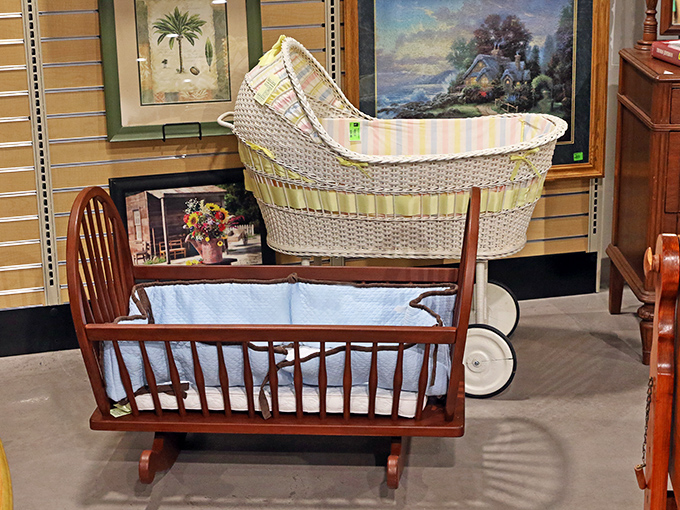 Vintage baby furniture that tells stories of generations past. That wooden cradle probably rocked more babies to sleep than any lullaby ever could.