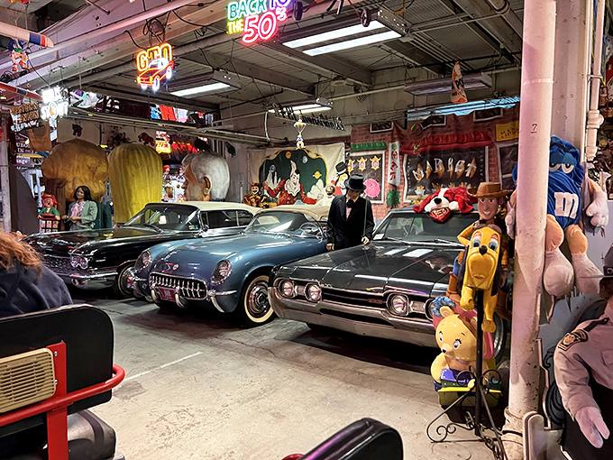 Detroit's finest moments frozen in time. These gleaming vintage automobiles share space with cartoon characters in a uniquely American juxtaposition.