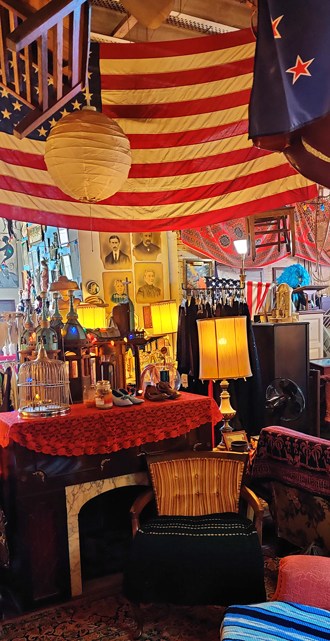 An American flag canopy presides over a treasure trove of vintage lamps and portraits. Dining here feels like eating inside a particularly delicious time capsule.