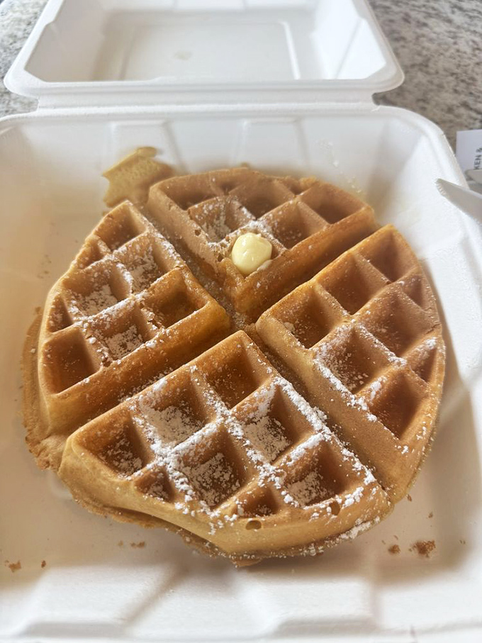A waffle that's achieved the impossible balance: crisp exterior, fluffy interior, with butter melting into those perfect square divots. Powdered sugar is just showing off.