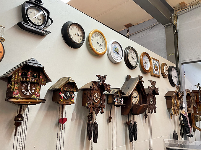Time literally stands still in this corner, where cuckoo clocks and wall timepieces from every era tick-tock in magnificent disharmony. 