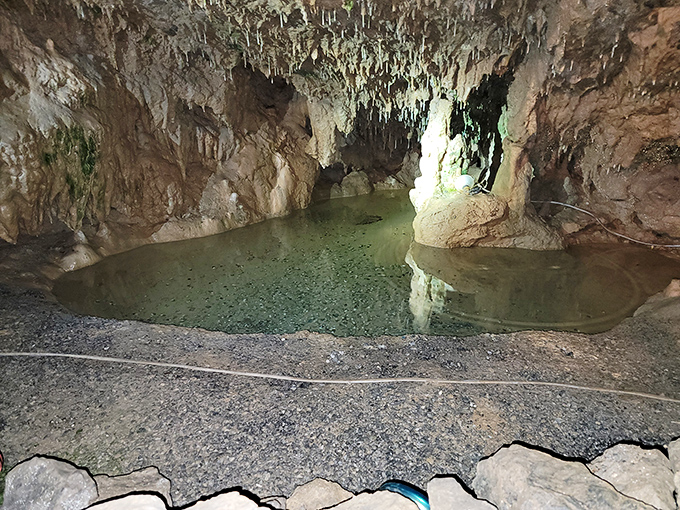 This crystal-clear pool reflects the cave ceiling perfectly &ndash; nature's mirror that's been polishing its surface since before humans invented selfies.