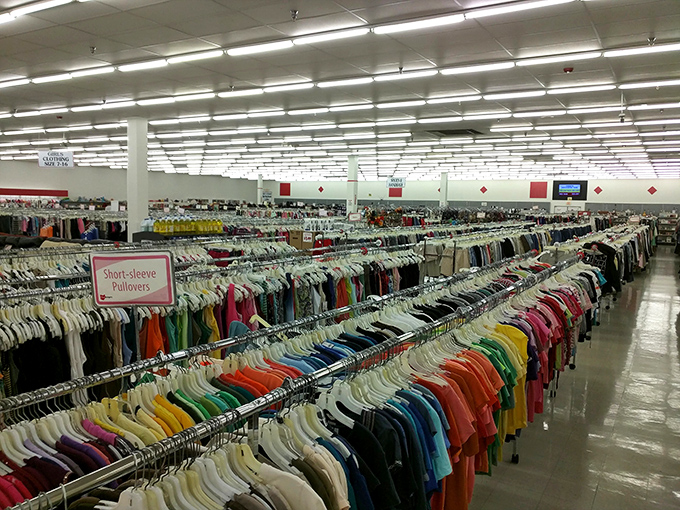 The rainbow effect: Short-sleeve pullovers arranged by color create a thrifter's spectrum that would make Roy G. Biv proud.