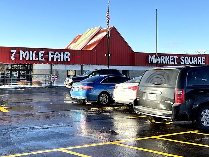 The iconic red building of 7 Mile Fair stands like a beacon for bargain hunters, rain or shine.