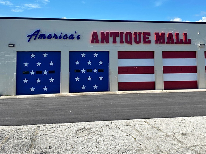 America's Antique Mall wears its patriotism on its garage doors &ndash; subtlety isn't necessary when your inventory spans two centuries of American life.