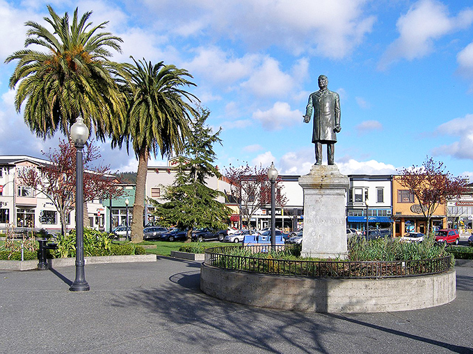 Arcata's historic plaza buzzes with community life – where Social Security checks stretch further amid palm trees and local color.