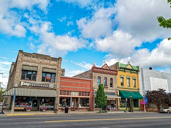 Blue skies frame Baker City's charming main street, where window shopping doesn't lead to wallet emptying.