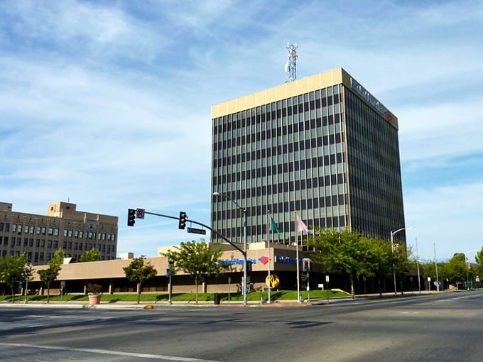 Bakersfield's skyline may not rival Manhattan's, but this tower stands proud against the blue sky like a monument to desert perseverance.