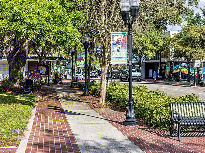 Bartow's brick walkway invites leisurely strolls where every bench tells a different Florida story.