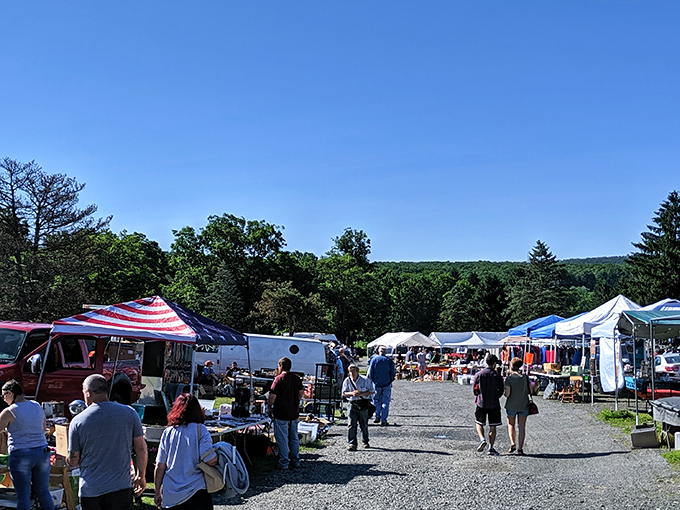 Blue Ridge Flea Market's impressive white buildings and packed parking lot. The Taj Mahal of trinkets in the Poconos!