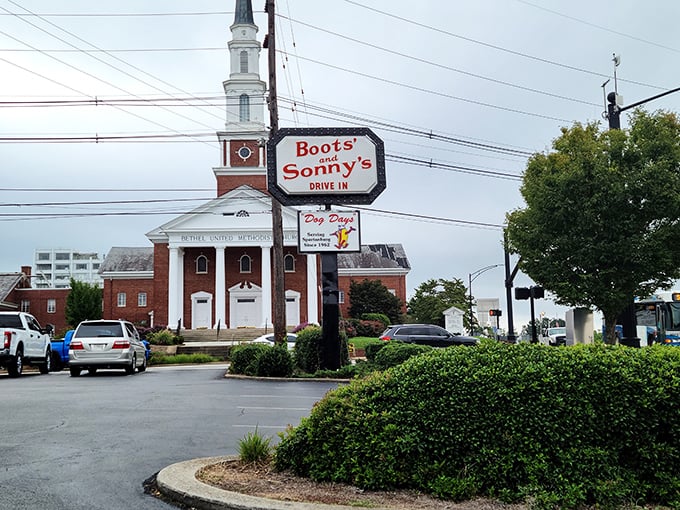 Boots & Sonny's: That iconic sign standing tall next to a church steeple&mdash;because hot dogs can be a religious experience too.