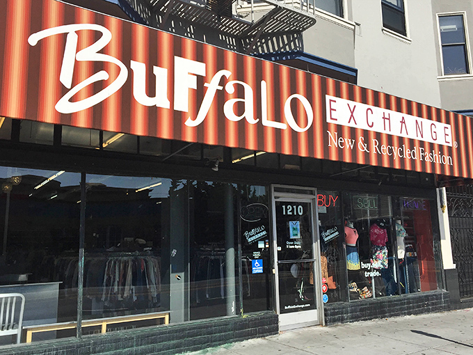 Buffalo Exchange's bold striped awning stands out on Valencia Street like a fashionable beacon calling to style-savvy bargain hunters.