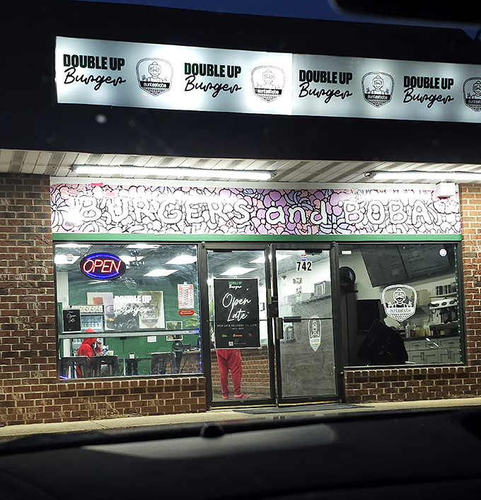 Double Up Burger's late-night storefront glows with promise. Where burgers meet boba in a culinary mashup that somehow totally works.
