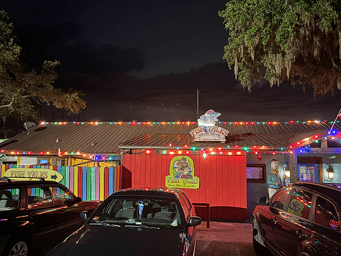 Twinkling lights transform this waterfront spot after dark. Fish Tales looks like the vacation dinner you've been dreaming about all year.
