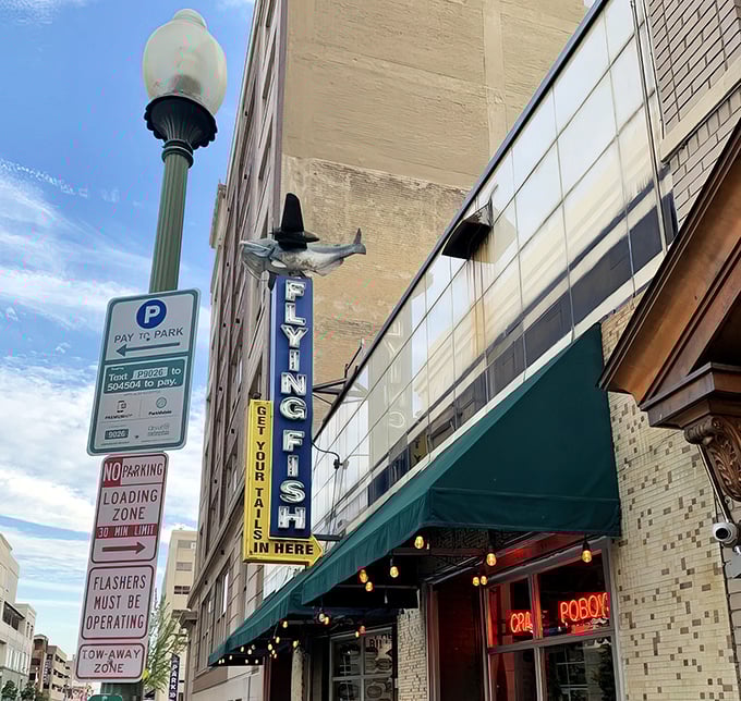 Flying Fish's vintage sign hangs like an invitation to the best seafood party in Memphis. No blues about this meal!
