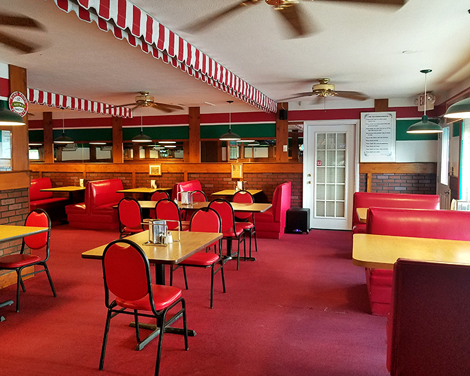 Frank's Roman Pizza's classic red booths transport you straight to the family pizzerias of yesteryear.
