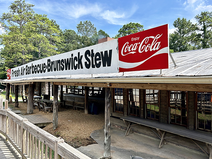 That massive sign is Georgia's version of the Hollywood sign for barbecue pilgrims. Brunswick stew gets equal billing here!