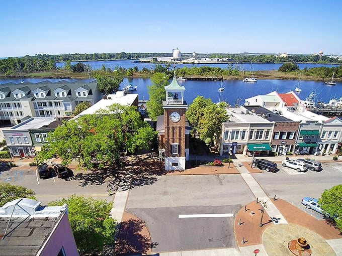 The clock tower stands as Georgetown's unofficial timekeeper, though nobody seems in much.