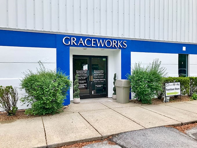 GraceWorks' crisp blue and white exterior offers a hint of the organized treasure trove waiting inside.