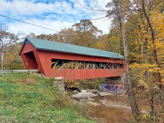 That cheerful red paint job makes this bridge pop like a cardinal against fresh snow.