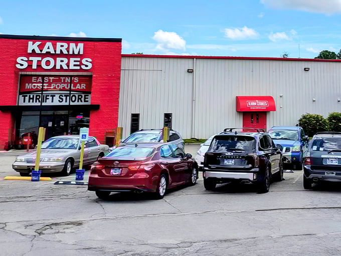 KARM's bold red facade stands out like a bargain-hunter's bullseye. East Tennessee's thrift headquarters awaits!