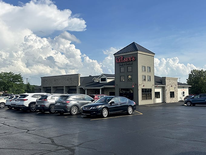 Kelsey's distinctive tower stands like a lighthouse for the steak-obsessed. That full parking lot tells you everything you need to know.