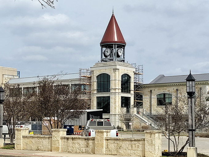 The beautiful Kerrville clock tower stands tall with its red roof and timeless charm, adding character to this scenic Texas town.
