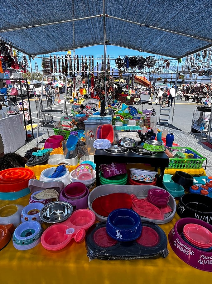 Doggy paradise alert! Orange Coast College Swap Meet's pet section has more bowls than a championship football weekend.