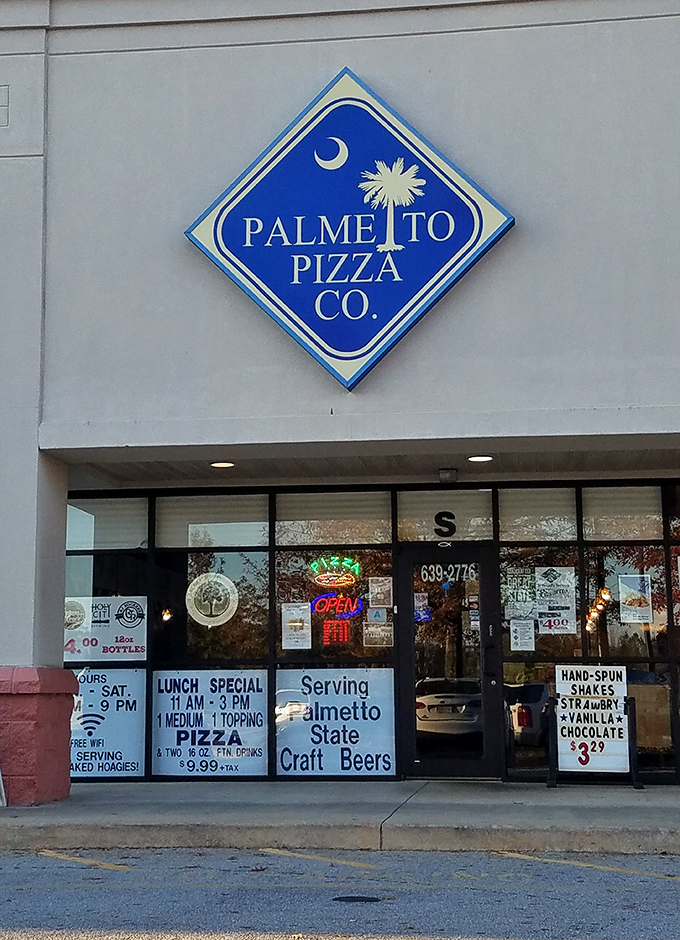 The blue diamond sign with South Carolina's iconic palmetto tree promises pizza that's proudly local in every bite.
