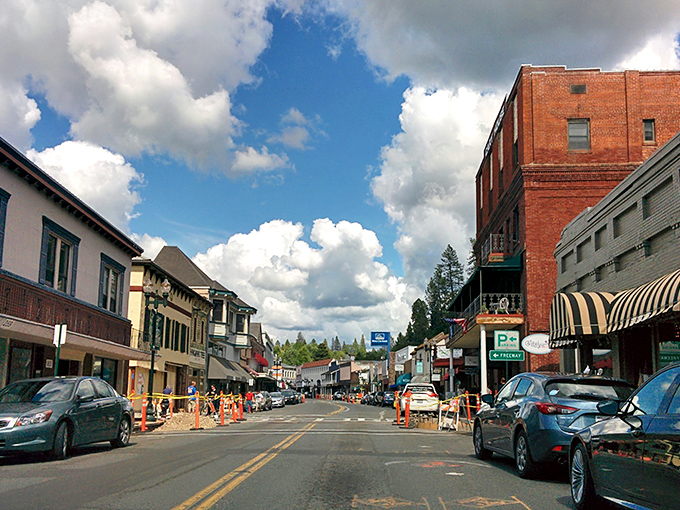 Historic Placerville's main street under blue skies &ndash; where gold fever once raged and now charm reigns supreme!