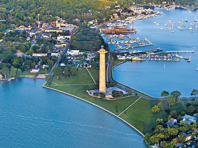 Put-in-Bay from above looks like a model village someone carefully arranged around that impressive monument. Perfect in miniature!