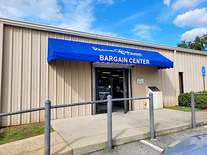 That blue awning is like a welcome mat to bargain heaven! This modest storefront hides a world of wonderful possibilities.