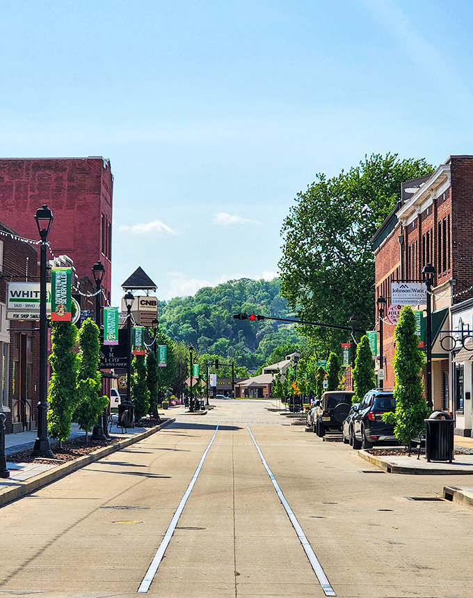 Historic brick buildings line this charming Tennessee street where time slows down and every storefront tells a story.