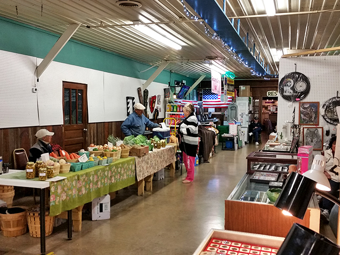 Farm-fresh meets vintage finds in perfect harmony! Those pink boots add just the right splash of personality to this indoor treasure trove.