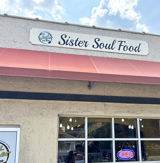 The pink awning whispers "comfort food ahead" louder than any billboard ever could dream of doing.