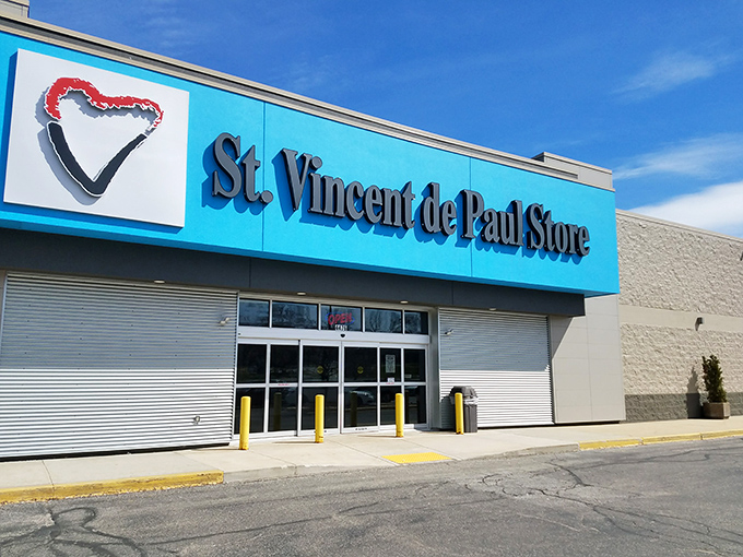 St. Vincent de Paul's turquoise facade stands out like a jewel in the retail landscape. A charitable fashion paradise where bargains and good deeds go hand in hand.