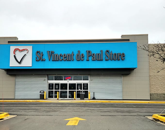 St. Vincent de Paul's bright blue sign is like a beacon for bargain hunters navigating the sea of retail prices.