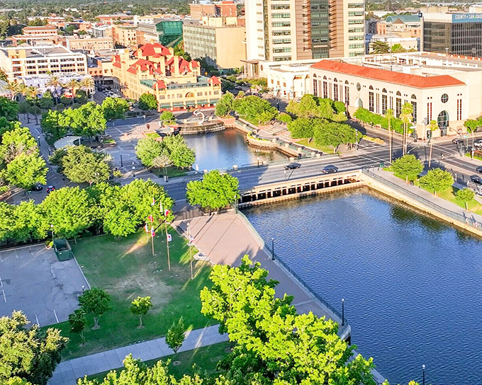 Stockton's waterfront district shimmers in the evening light – where affordable living comes with million-dollar water views.