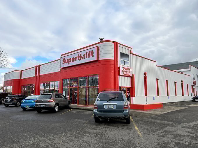 SuperThrift's retro red and white facade pops against the Oregon sky like a 1950s movie set.