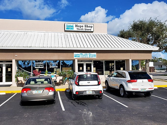 Hope Shop's charming storefront offers both bargains and curb appeal. Thrifting with a side of sunshine!