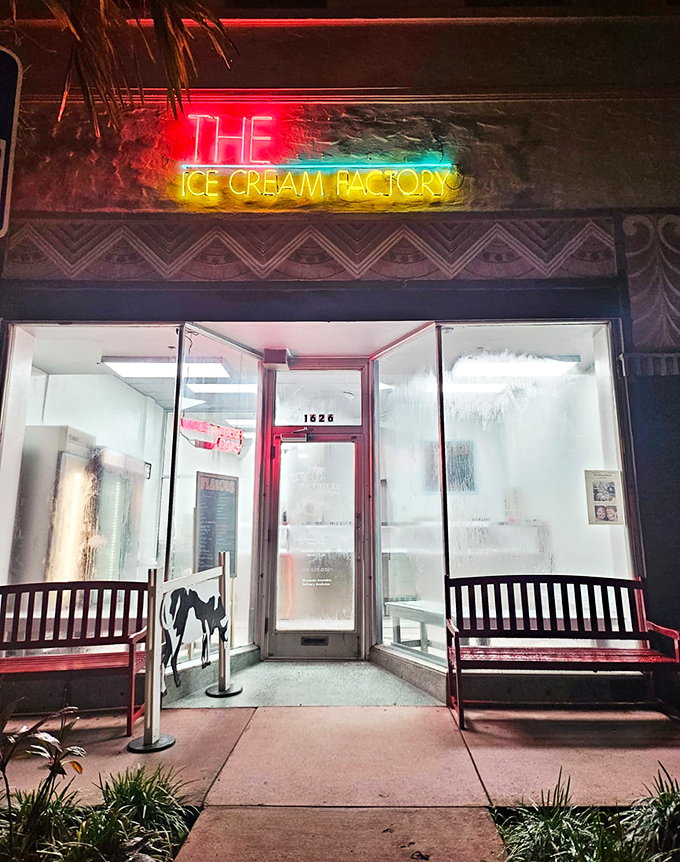 The Ice Cream Factory's neon glow transforms nighttime ice cream runs into neon-lit Miami adventures.