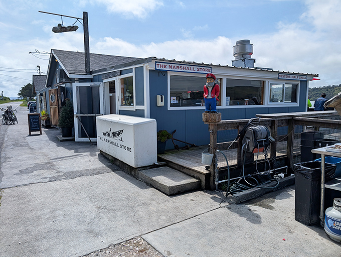 The Marshall Store's weathered exterior and harbor-side location hint at the ocean-fresh treasures waiting inside.
