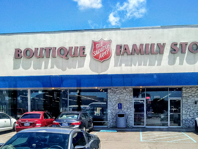 The Salvation Army's "Boutique Family Store" sign promises a thrifting experience that's a cut above your average secondhand shop.