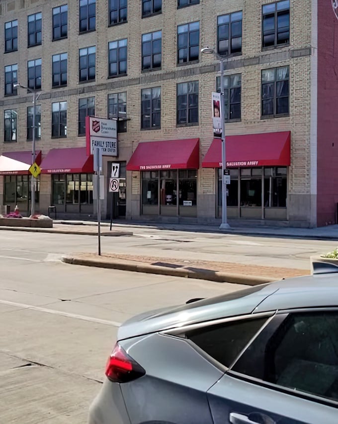 The Salvation Army's classic red awnings signal both charitable mission and bargain-hunting opportunities in Cleveland.