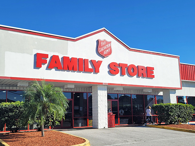 The Salvation Army's bold red lettering stands out like a beacon for bargain hunters seeking quality finds.