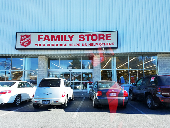 The Salvation Army Family Store's bold blue signage promises a no-frills thrifting experience where every purchase helps others.