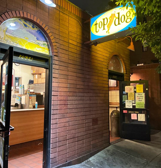 Top Dog's unassuming brick exterior hides Berkeley's worst-kept culinary secret - late-night sausage perfection for hungry students.